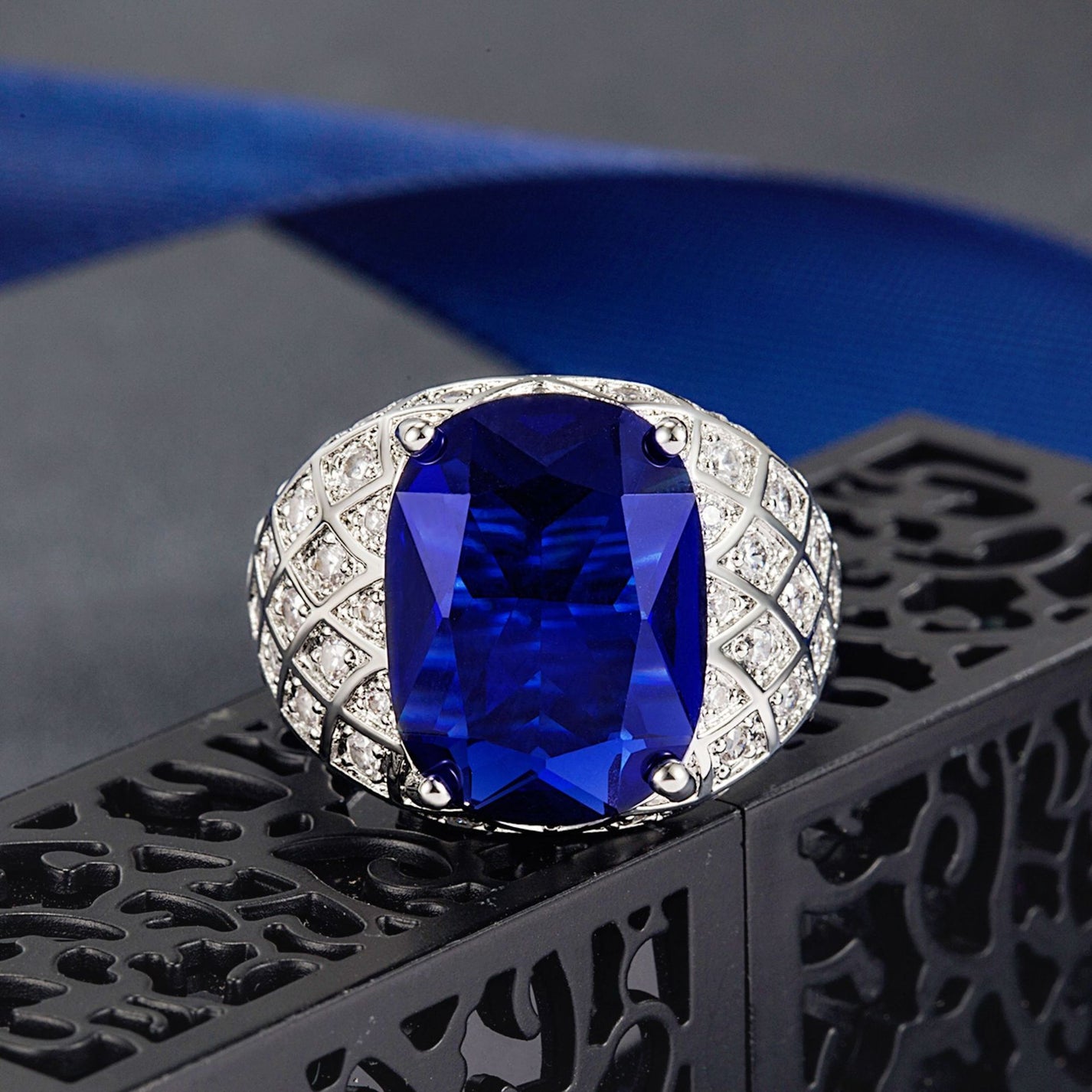 Men's Fat Rectangular Sapphire Full Diamond Group Inlaid Rings ...